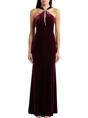 Eliza J Velvet Halter Neck Trumpet Gown - Wine