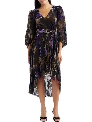 Eliza J Floral Burnout Velvet Midi Dress - Black Plum