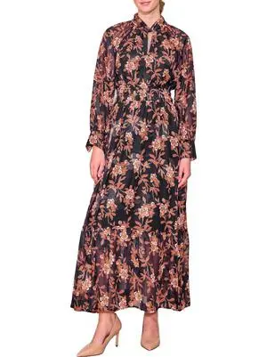MELLODAY Twist Neck Long Sleeve Maxi Dress - Black Rust Multi