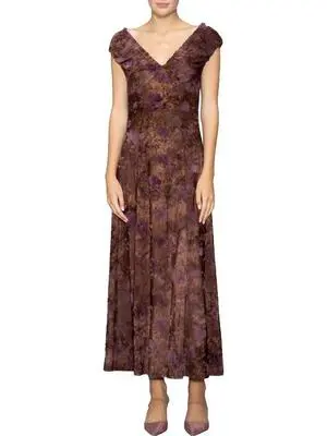 MELLODAY Floral Print Velvet Maxi Dress - Brown Abstract