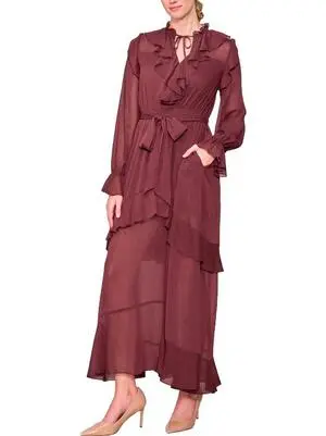 MELLODAY Ruffle Detail Tie Waist Maxi Dress - Maroon