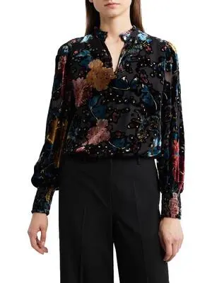 Elie Tahari Floral Velvet Burnout Top - Black/birds Of Paradise