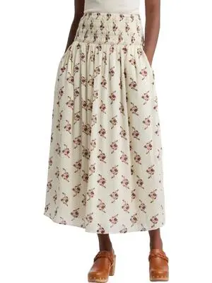 Treasure & Bond Smocked Waist Maxi Skirt Ivory- Burgundy Batik Floral