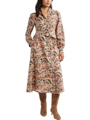 Caslon Ruffle Belted Long Sleeve Maxi Shirtdress - Tan- Navy Ikat Blossom