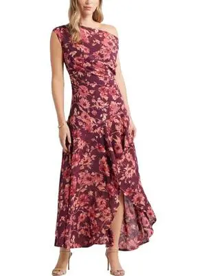 Chelsea28 Off-the-shoulder Evening Dress - Burgundy- Pink Dahlia Floral