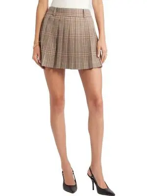OPEN EDIT Plaid Pleated Miniskirt - Tan Sophia Mini Check