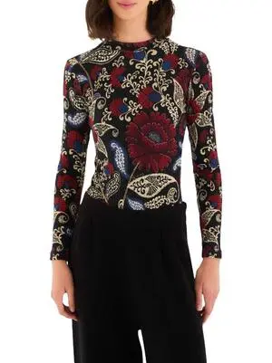 Farm Rio Valentina Floral Paisley Long Sleeve Stretch Cotton Bodysuit - Valentina Black