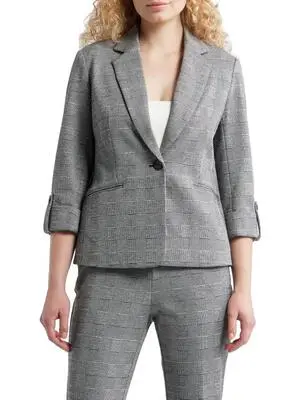 Anne Klein Windowpane Plaid Roll-Tab Sleeve Jacket Anne Black/white Dove