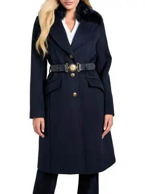 Guess Belted Coat With Faux Fur Collar - Blue
