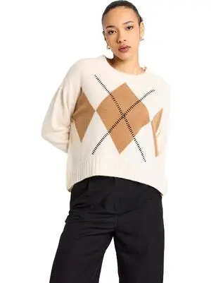 BRODIE CASHMERE Argyle Long Sleeve Cashmere Sweater - Antique White
