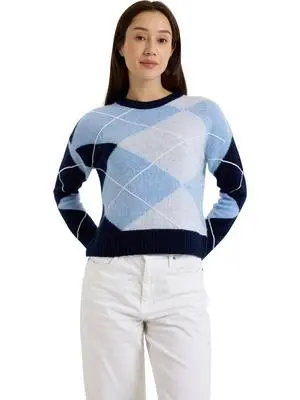 BRODIE CASHMERE Argyle Crew Neck Cashmere Sweater - Navy