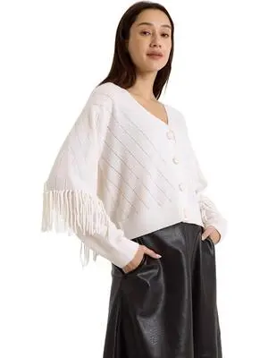 BRODIE CASHMERE Ashley Fringe Cashmere Cardigan - Organic White