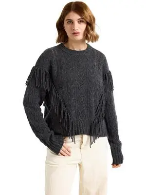 BRODIE CASHMERE Cable Fringed 100% Cashmere Sweater - Shale