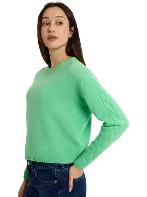 BRODIE CASHMERE Cable Sleeve Cashmere Crew Neck Sweater - Mojito