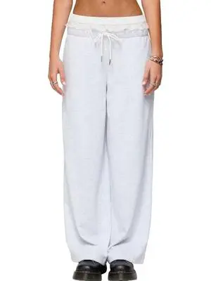 EDIKTED Lace Trim Wide Leg Pants - Light-grey-melange