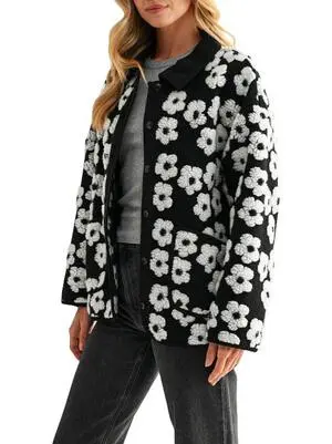ALL IN FAVOR Floral High Pile Fleece Jacket - Black White