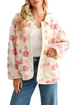ALL IN FAVOR Floral High Pile Fleece Jacket - Cream Pink Mauve