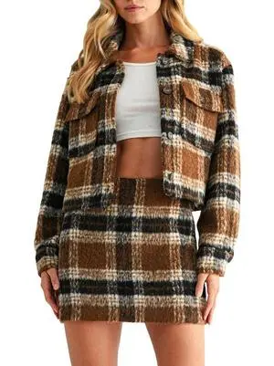 ALL IN FAVOR Plaid Crop Jacket - Brown Navy