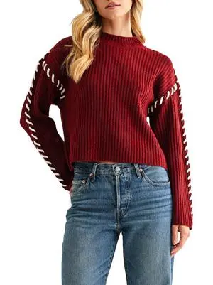 ALL IN FAVOR Whipstitch Mock Neck Ribbed Pullover - Burgundy Ivory