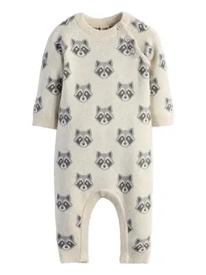 TUCKER + TATE Raccoon Jacquard Cotton Sweater Romper - Beige Heather Raccoon Intarsia