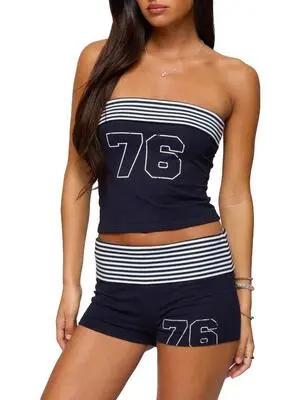 EDIKTED 76 Stripe Foldover Tube Top - Navy-and-white