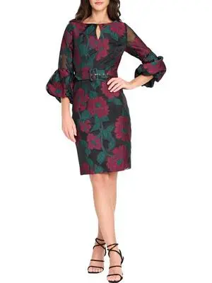 TAHARI ASL Floral Jacquard Sheath Dress - Black Red