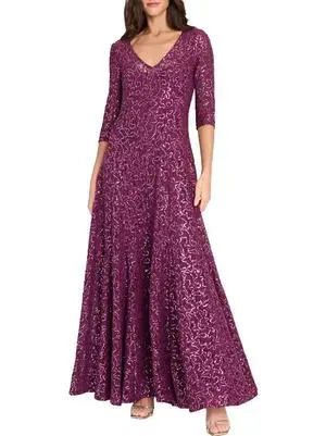 TAHARI ASL Sequin Flare Gown - Wine