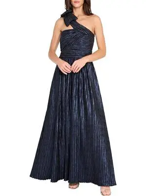 TAHARI ASL One-shoulder Crinkle Gown - Navy