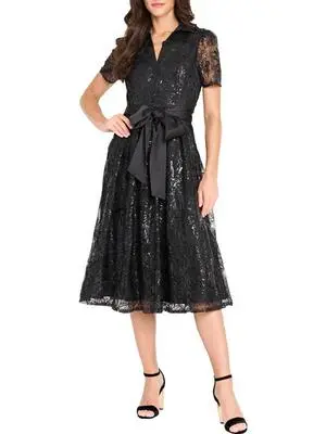 TAHARI ASL Sequin Tie Waist Midi Shirt Dress - Black