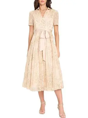 TAHARI ASL Sequin Tie Waist Midi Shirt Dress - Champagne