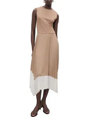 Mango Sleeveless Pleated Asymmetric Dress - Beige/white