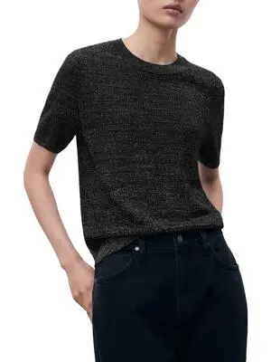 Mango Short Sleeve Metallic Crewneck Sweater - Black