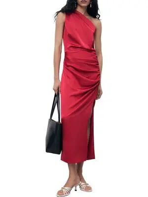 Mango Asymmetric One-shoulder Satin Cocktail Dress - Wine