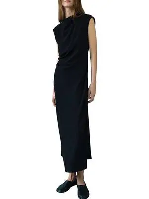 Mango Ruched Sleeveless Midi Dress - Black