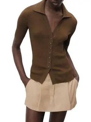 Mango Fine Knit Cardigan With Collar Chocolate