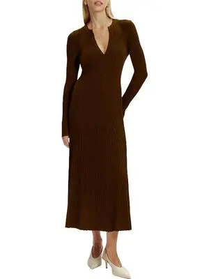Bardot Hattie Long Sleeve Rib Maxi Sweater Dress - Chocolate