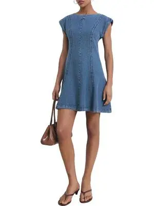 Mango Seam Detail Flare Denim Dress - Medium Blue