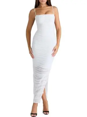 House Of Cb Fornarina Ruched Mesh Maxi Dress - White