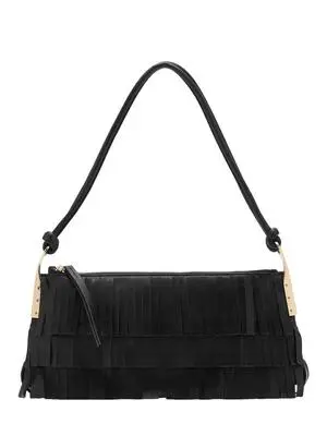 Mango Fringe Leather Shoulder Bag Black