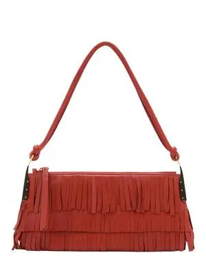 Mango Fringe Leather Shoulder Bag Russet