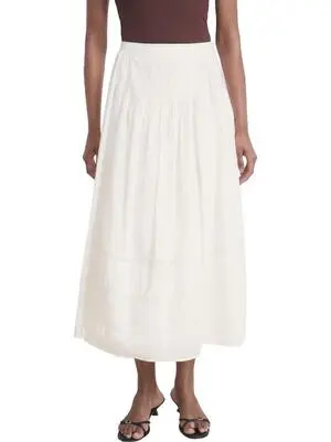 Mango Pleated Lace Trim Cotton Midi Skirt - White