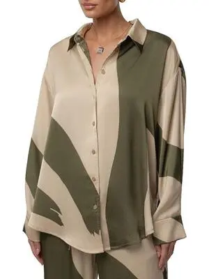 JLUXLABEL Oversized Colorblock Button-up Shirt - Beige/green