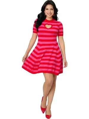 SMAK PARLOUR Heart Cutout Flare Sweater Dress - Pink & Red Stripe