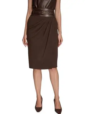 Donna Karan New York Faux Leather Waist Belted Layered Skirt - Chocolt Pl