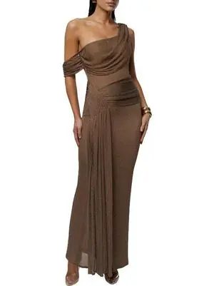 JLUXLABEL Drape Metallic One-shoulder Gown - Brown