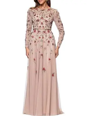XSCAPE EVENINGS Beaded Long Sleeve Chiffon Gown - Nude/multi