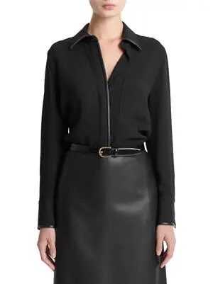 Vince Faux Leather Trim Button-up Shirt - Black