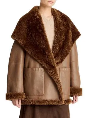 Vince Hooded Genuine Shearling Jacket - Cognac Espresso Comb