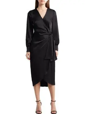 Sam Edelman Long Sleeve Faux Wrap Satin Dress - Black