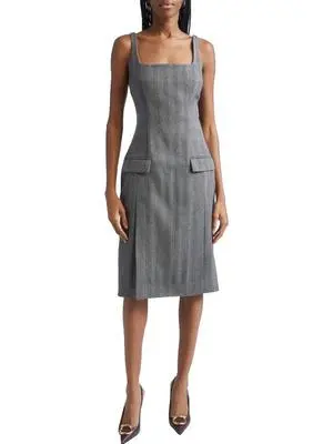 FERRAGAMO Sleeveless Herringbone Virgin Wool Blend Dress - Nero/white Sand